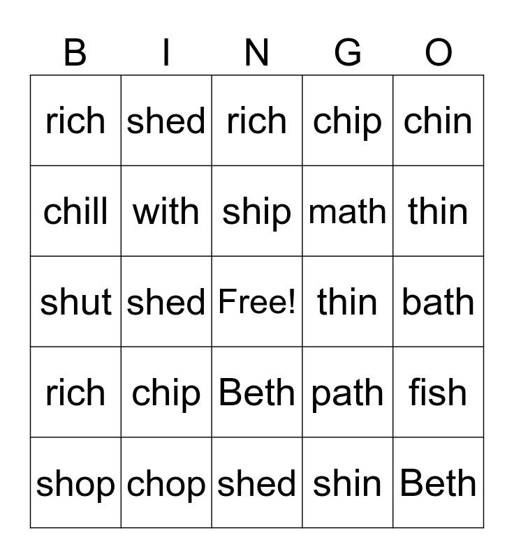 Digraph Bingo Card