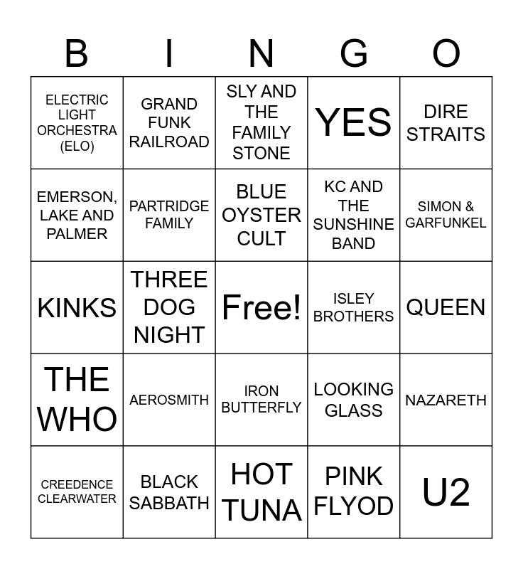 70 s Bands Bingo Card