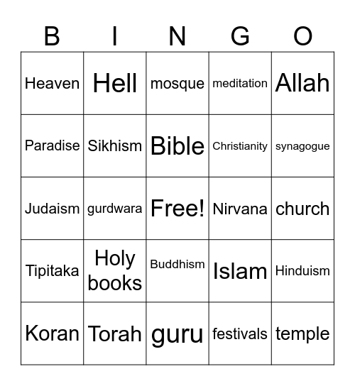 Religious Education Bingo Card