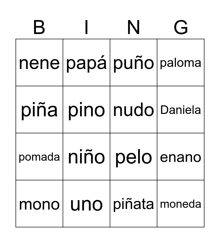 Bingo de palabras Bingo Card