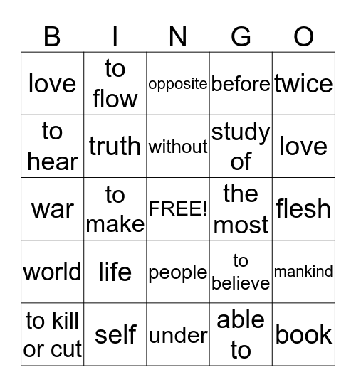 Root Words Bingo Card