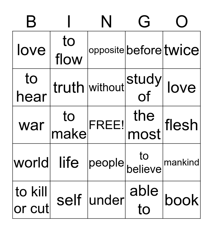 Root Words Bingo Card