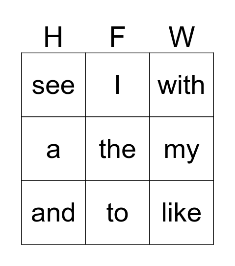 High Frequency Words Bingo Card