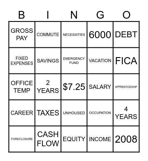 FINANCIAL LITERACY BINGO Card