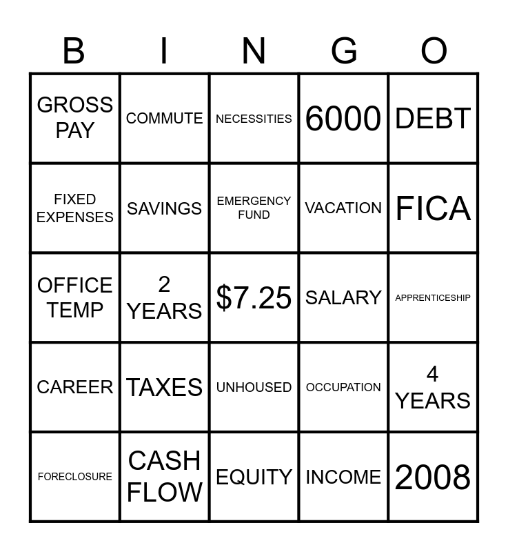 FINANCIAL LITERACY BINGO Card