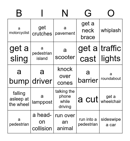 Traffic Accidents Bingo Card