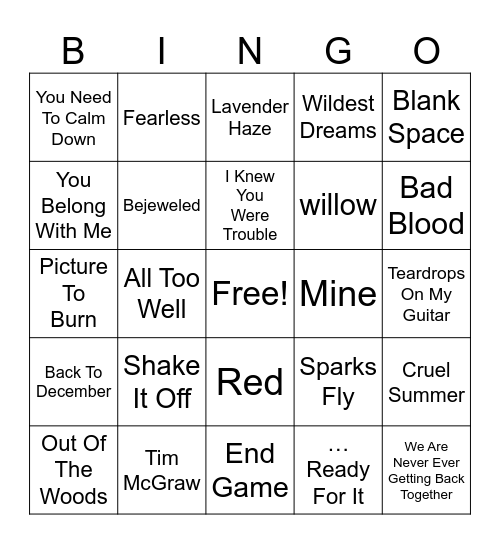 Taylor Swift - Eras Round Bingo Card