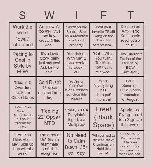 TAYLOR SWIFT BINGO Card
