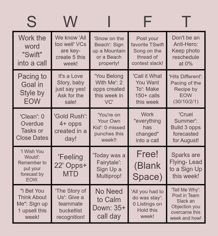 TAYLOR SWIFT BINGO Card