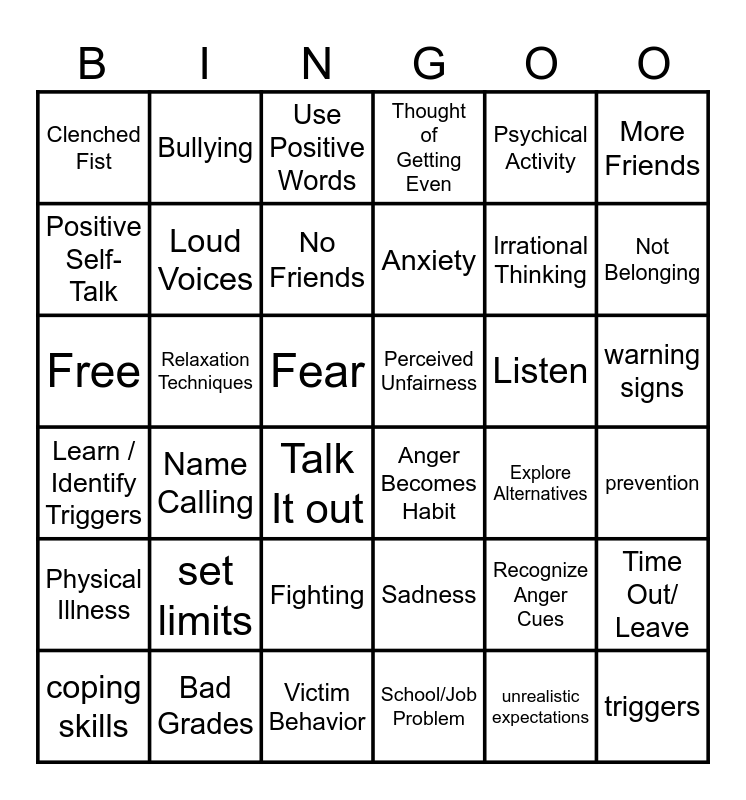 Anger Bingo for Teens Bingo Card