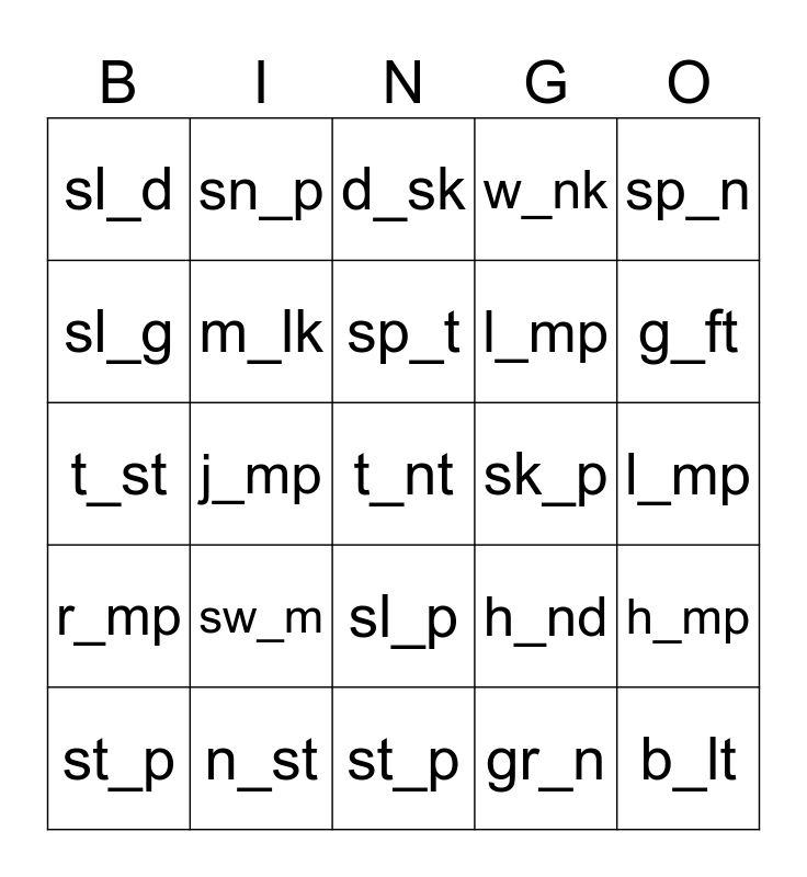 CVCC words (wo/vowel sound) List 1 Bingo Card