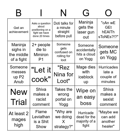 Crypt Raid Bingo Card