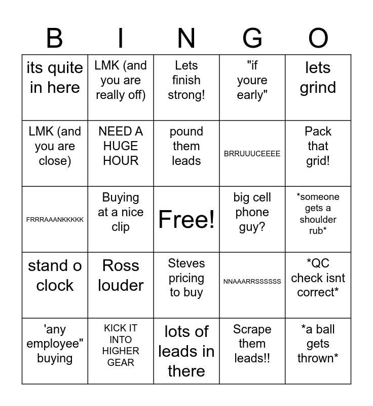 Backrow Bingo Card