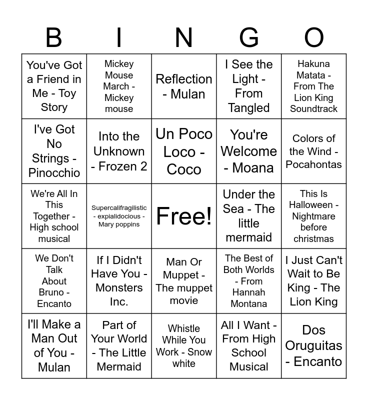 Disney Music Bingo Card