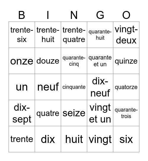 French Numbers to 50 (1) Bingo Card