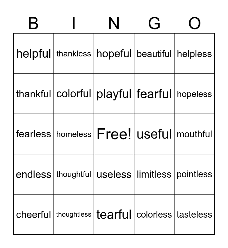 -ful and -less suffixes Bingo Card