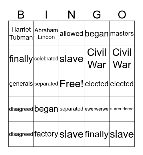 Civil War Bingo Card