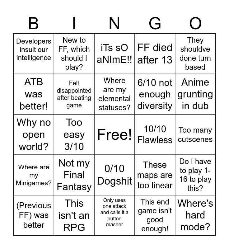 Next Major FF Release Bingo Card