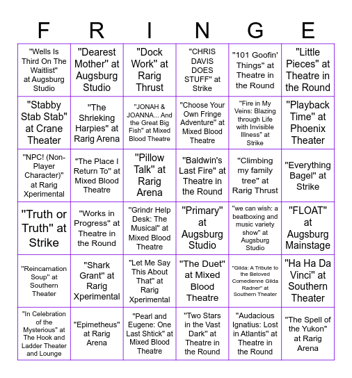 30th Annual Minnesota Fringe Festival "Bingo" Bingo Card