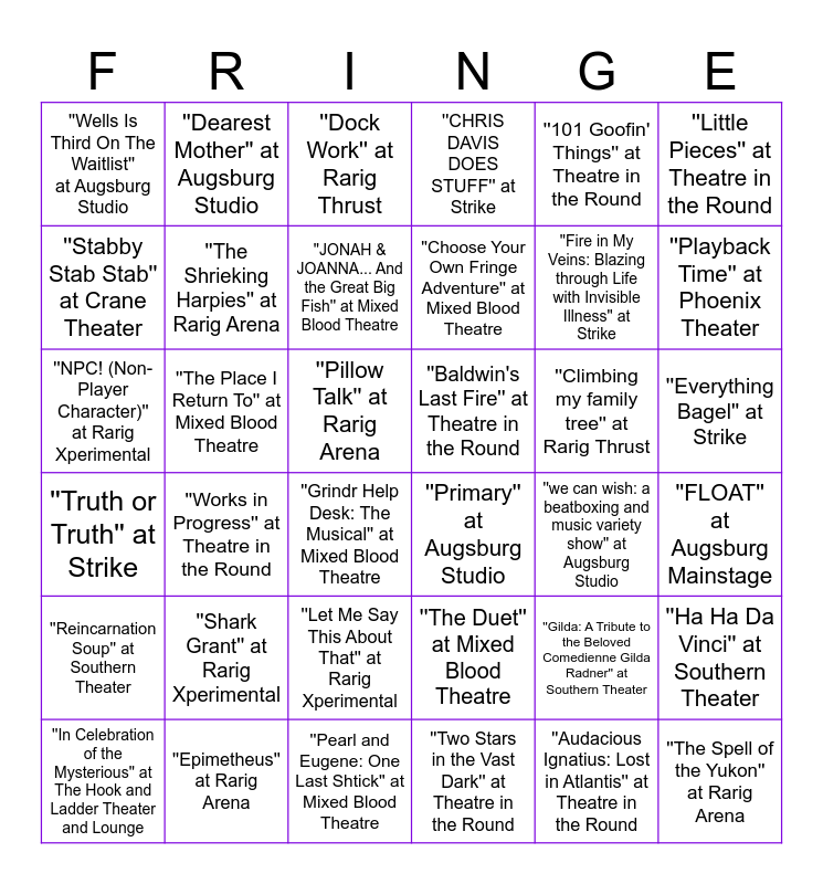 30th Annual Minnesota Fringe Festival "Bingo" Bingo Card