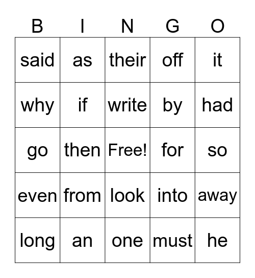 Sight Word Bingo Card