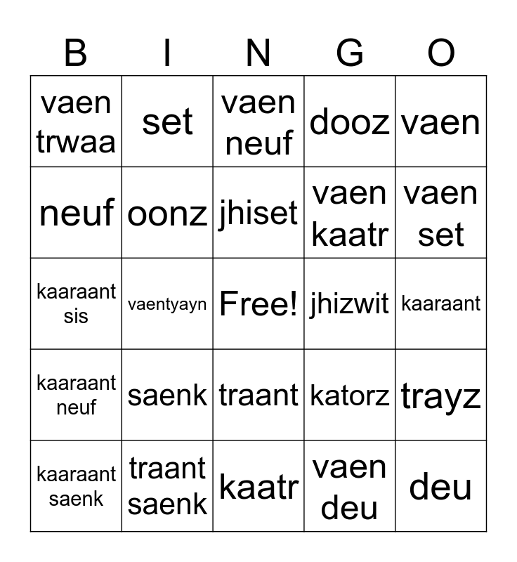 Michif Numbers Bingo Card