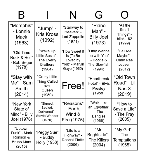 Decades Bingo Card