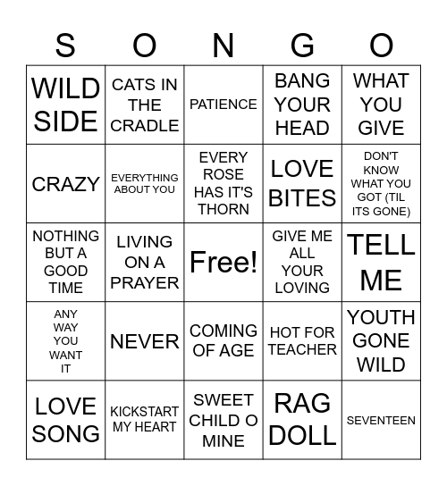 80 S BIG HAIR BANDS Bingo Card 80 S BIG HAIR BANDS Bingo Card
