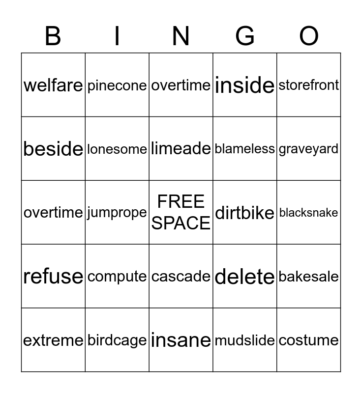 Long vowel silent e Bingo Card