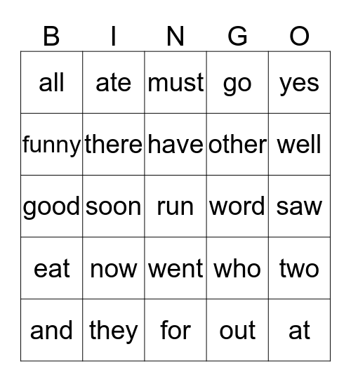 Sight Words Level 2 Bingo Card