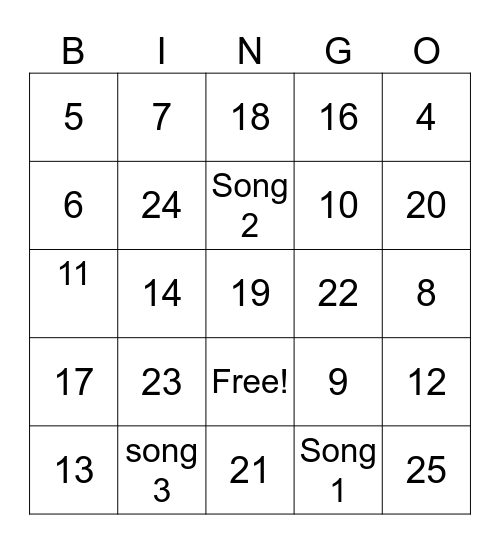 Rock n roll bingo Card