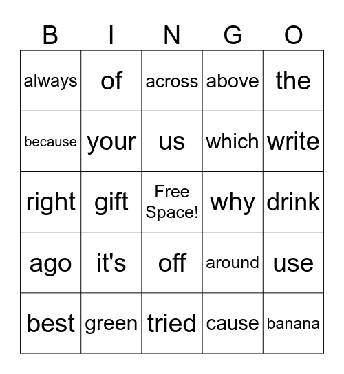 Dolch Sight Word Bingo Card
