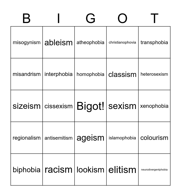 Bigot Bingo Card
