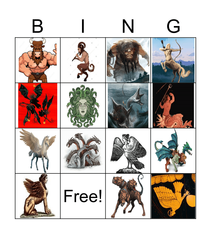 Mythical Mosters Bingo Card