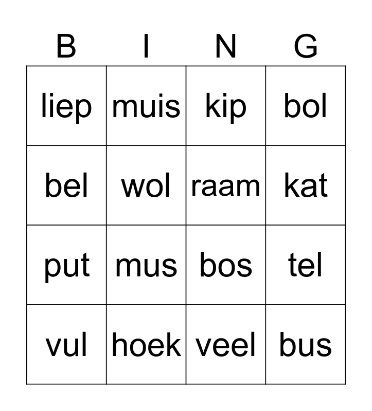 Klankzuivere woorden Bingo Card