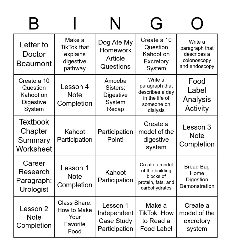 Digestive & Excretory Assignments Bingo Card