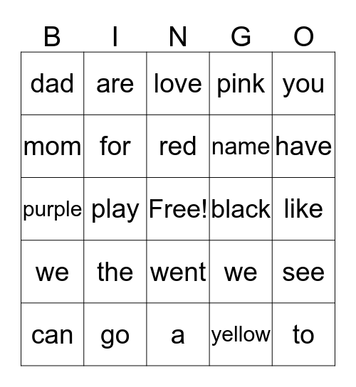 Heart Word BINGO Card
