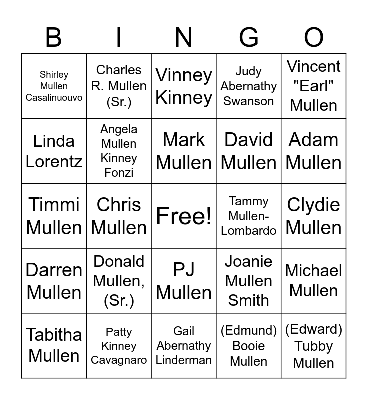 Family Bingo Card