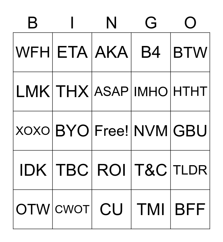 Abbreviations Bingo Card