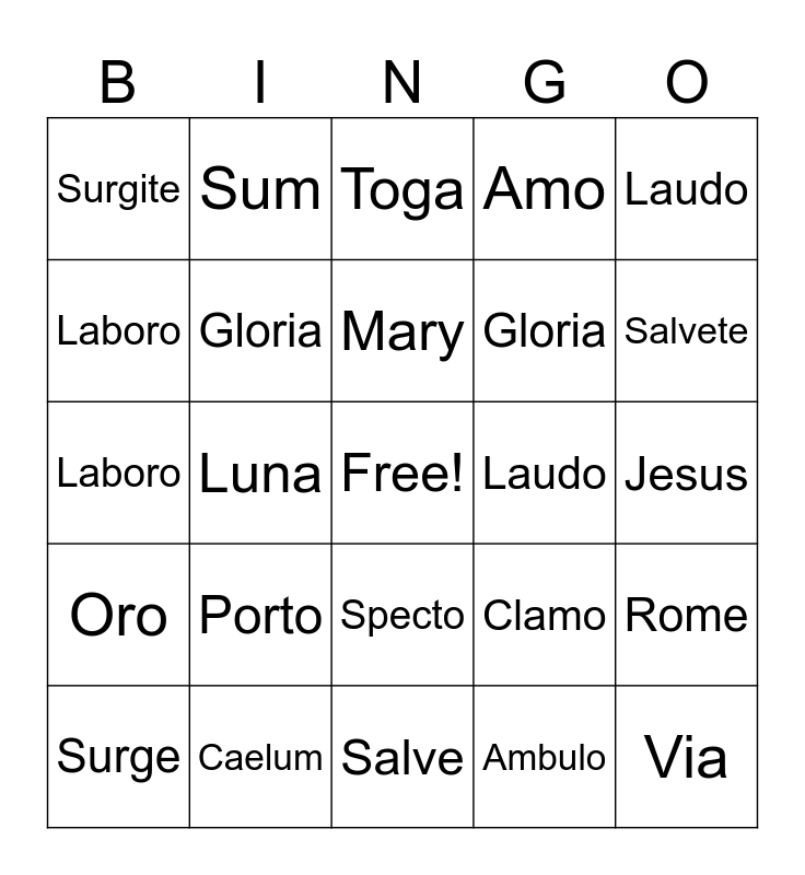 Latin Bingo! Bingo Card