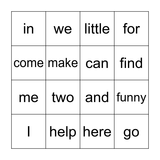 Dolch Sight words PreK Bingo Card