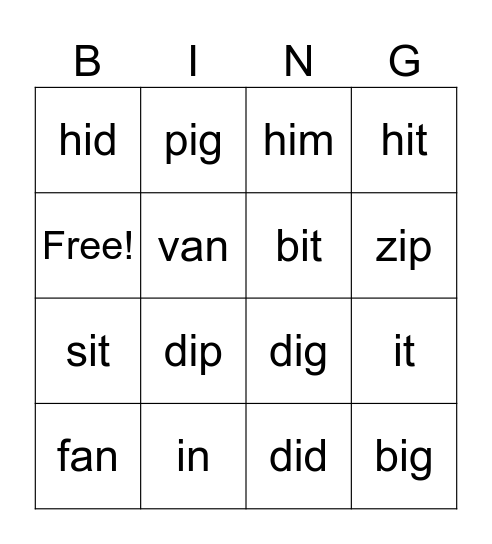 CVC Words Bingo Card