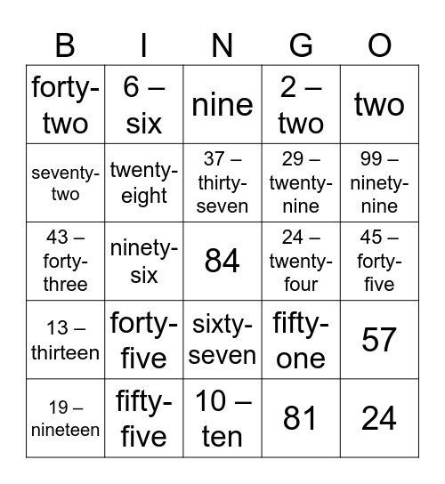 Number Word Bingo Card