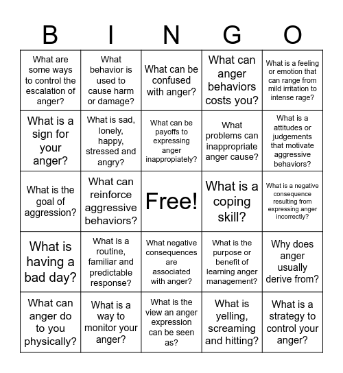 Anger Management Bingo Card Anger Management Bingo Card