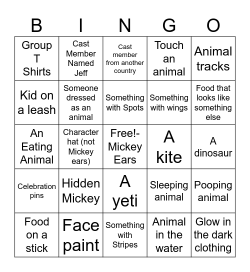 Disney World- Animal Kingdom Bingo Card