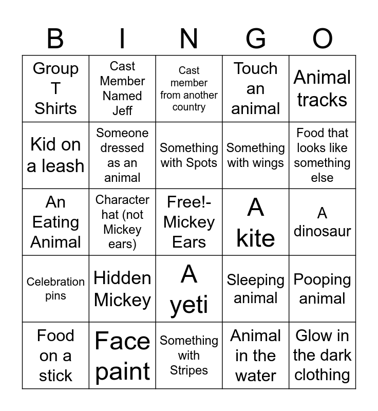 Disney World- Animal Kingdom Bingo Card