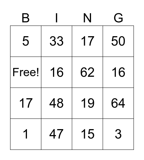 Number Bingo 1-20 Bingo Card