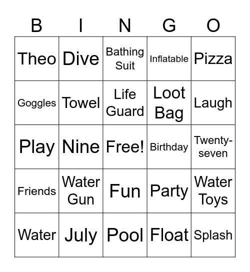 Theo's 9! Birthday Pool Party Bingo Card
