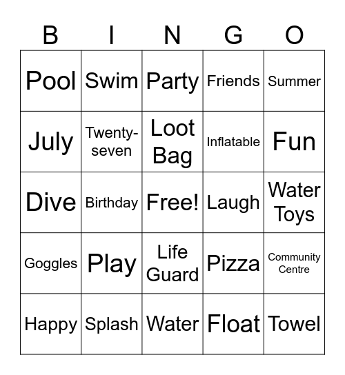 Theo's 9! Birthday Pool Party Bingo Card