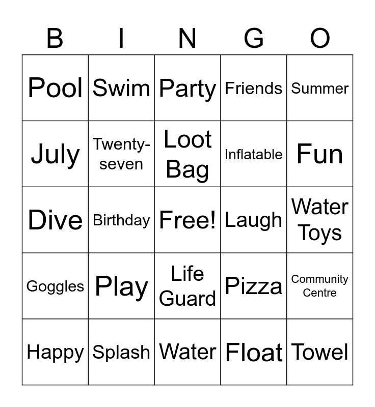 Theo's 9! Birthday Pool Party Bingo Card